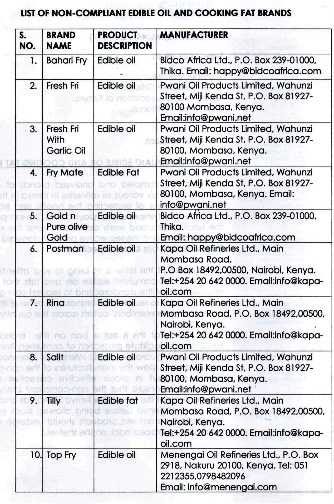 KEBS suspends 10 cooking oil brands declaring them unsafe to consumers ...